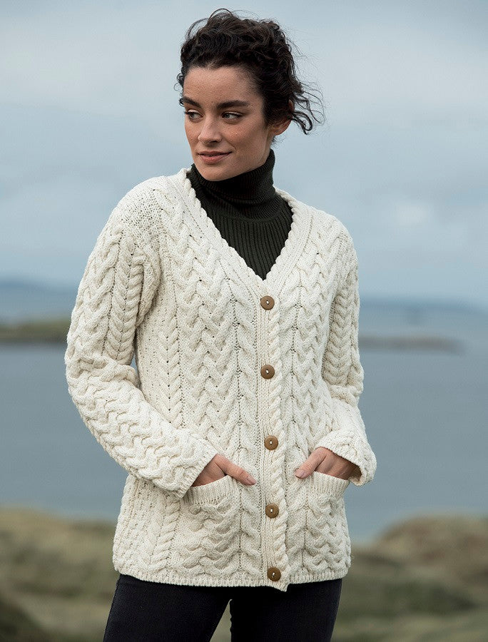 Aran V-Neck Button Up Cable Knit Cardigan – Weavers of Ireland