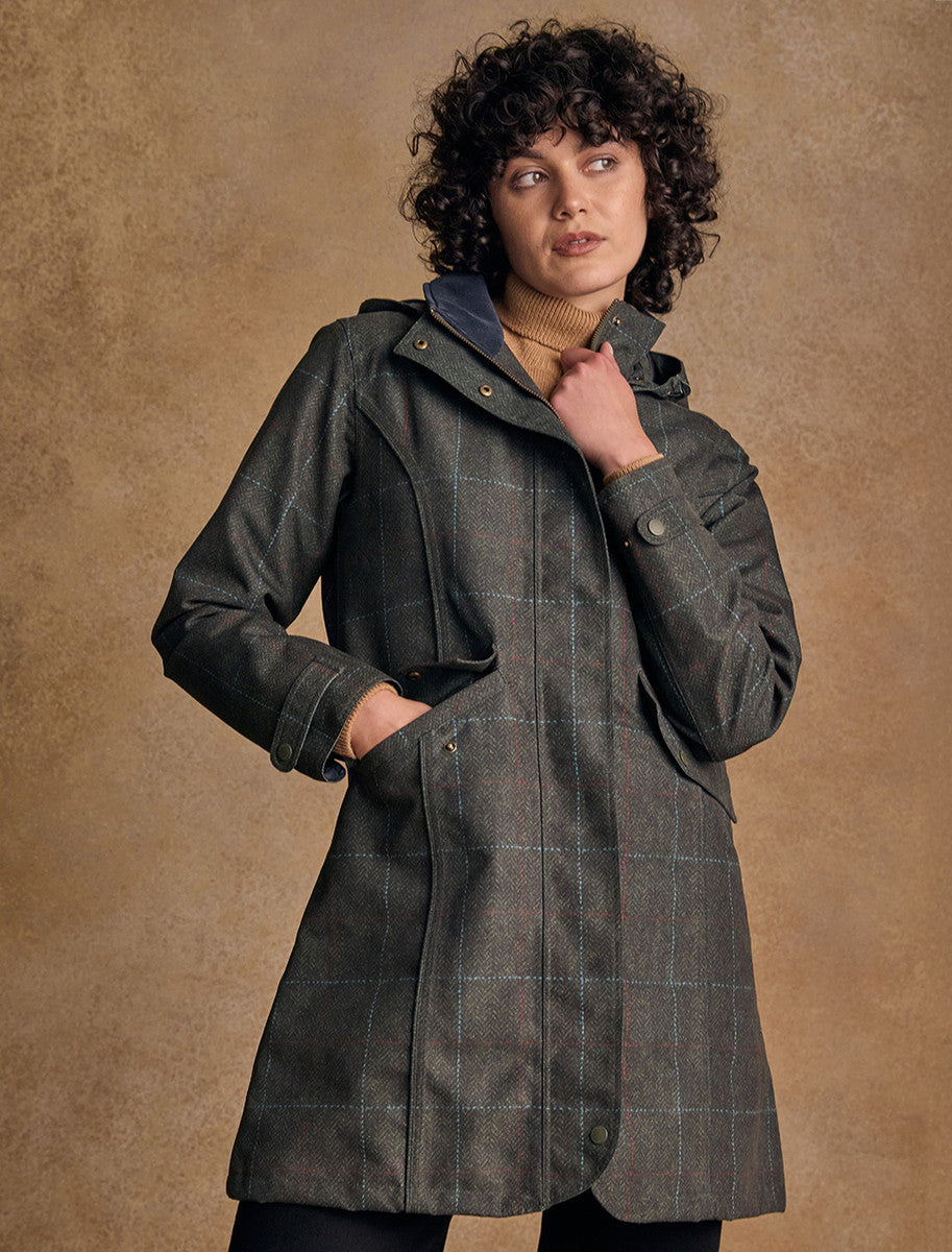 Sophia Waterproof Coat - Green Windowpane | Weavers of Ireland
